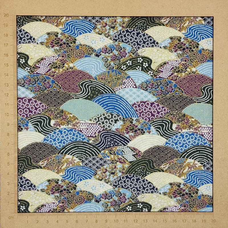 Japanese fabric waves with traditional patterns in blue, black, white ...