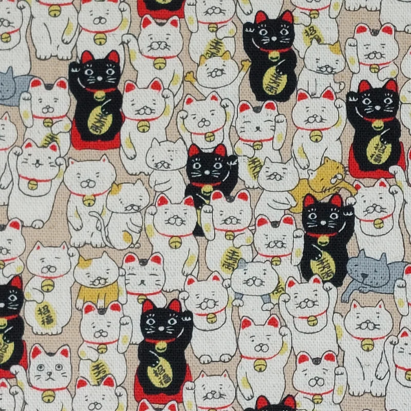 Japanese cotton linen fabric with lucky cats manekineko